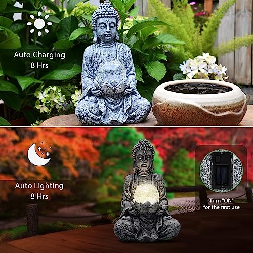 Philodwell Zen Buddha Statues with Solar Light - Meditating Statue Home and Garden Decor Outdoor Buddah,Solar Powered,Garden Light.