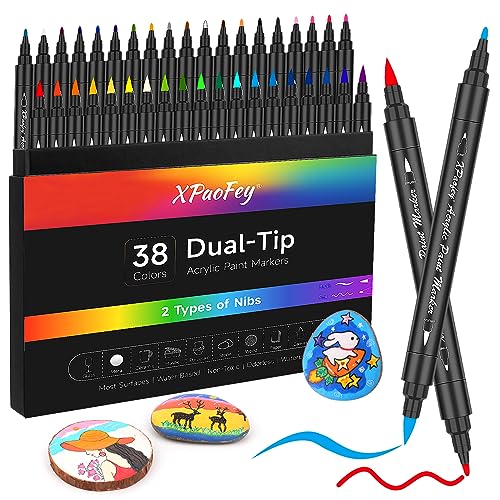 XPaoFey 38 Dual-tip Acrylic Paint Markers with Brush & Fine Tips, Acrylic Paint Pens for Rock Painting, Ceramic, Stone, Glass, Plastic, Wood, Calligraphy, Canvas & DIY Craft Art Supplies