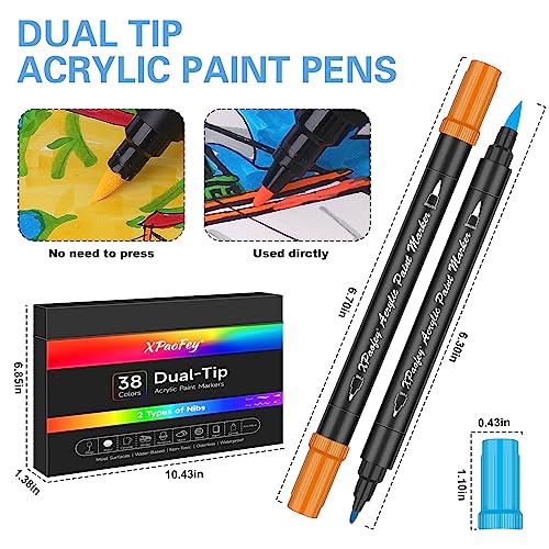 XPaoFey 38 Dual-tip Acrylic Paint Markers with Brush & Fine Tips, Acrylic Paint Pens for Rock Painting, Ceramic, Stone, Glass, Plastic, Wood, Calligraphy, Canvas & DIY Craft Art Supplies