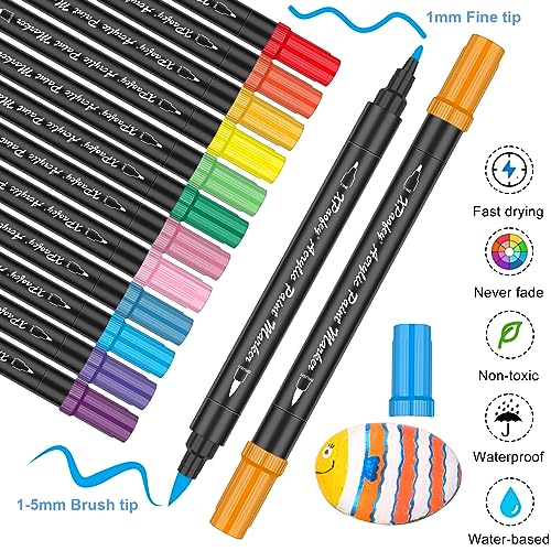 XPaoFey 38 Dual-tip Acrylic Paint Markers with Brush & Fine Tips, Acrylic Paint Pens for Rock Painting, Ceramic, Stone, Glass, Plastic, Wood, Calligraphy, Canvas & DIY Craft Art Supplies