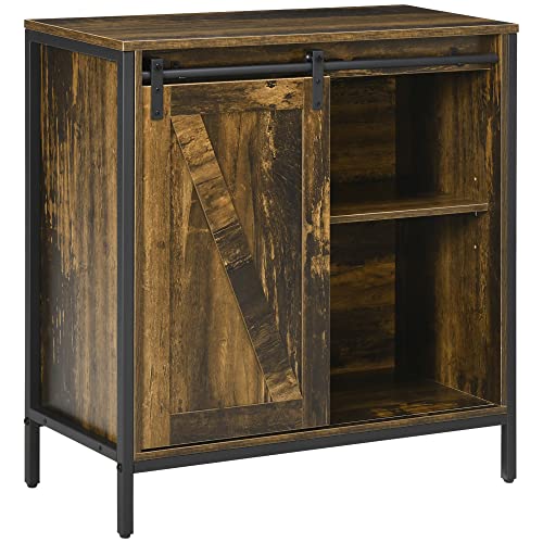 HOMCOM Buffet Cabinet, Farmhouse Sideboard, Coffee Bar Cabinet with Adjustable Shelf, Sliding Barn Door for Kitchen and Living Room, Rustic Brown