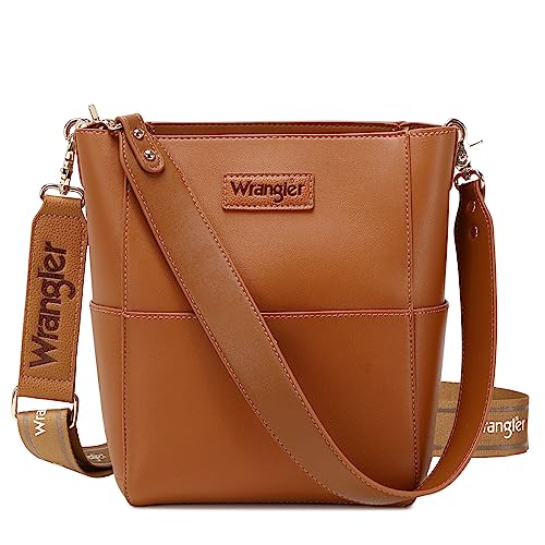 Wrangler Bucket Handbags for Women Crossbody Shoulder Purse with Guitar Strap and Hobo Bag Organizer Insert Tote Oversized Brown WG67-918BR