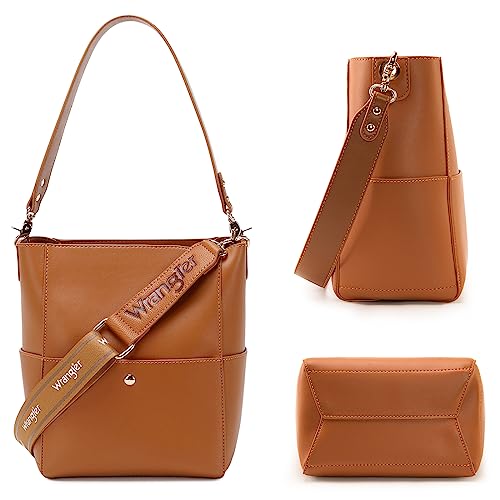 Wrangler Bucket Handbags for Women Crossbody Shoulder Purse with Guitar Strap and Hobo Bag Organizer Insert Tote Oversized Brown WG67-918BR