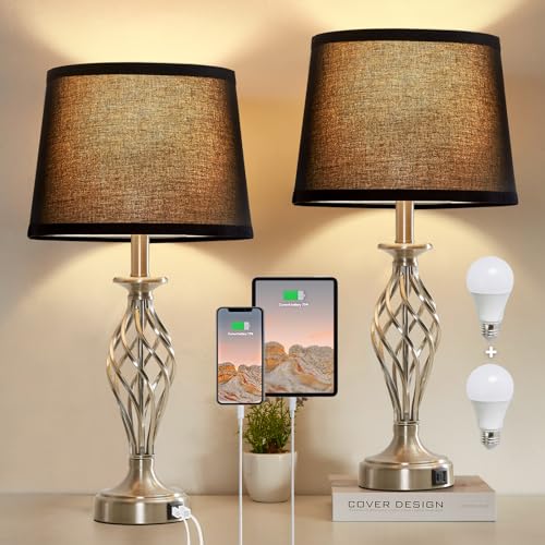 Table Lamp for Bedroom Set of 2 with USB C+A Ports, Brushed Nickel Bedside Lamps with Spiral Cage Base, Fabric Shade, Nightstand Lamp for Living Room Office Reading Bed Side End Table, Bulbs Included