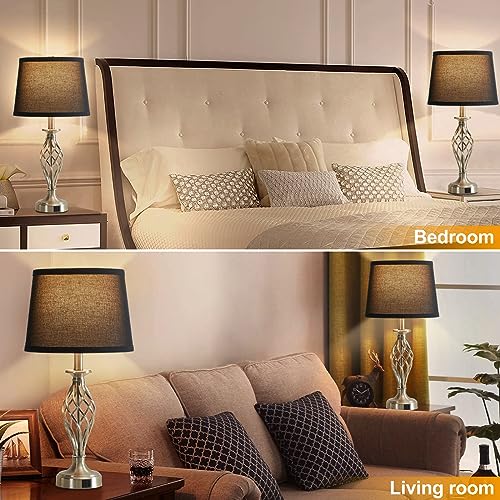 Table Lamp for Bedroom Set of 2 with USB C+A Ports, Brushed Nickel Bedside Lamps with Spiral Cage Base, Fabric Shade, Nightstand Lamp for Living Room Office Reading Bed Side End Table, Bulbs Included