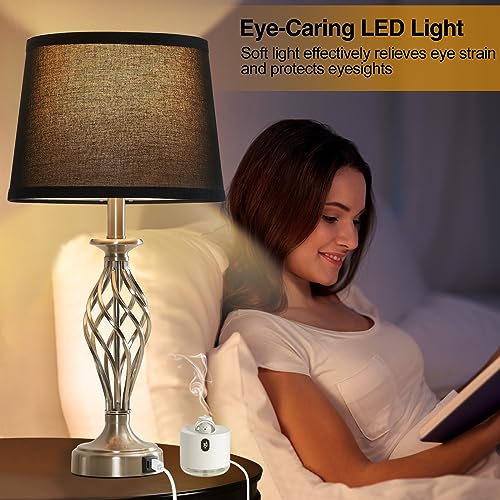 Table Lamp for Bedroom Set of 2 with USB C+A Ports, Brushed Nickel Bedside Lamps with Spiral Cage Base, Fabric Shade, Nightstand Lamp for Living Room Office Reading Bed Side End Table, Bulbs Included