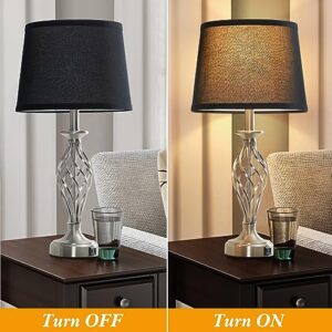 Table Lamp for Bedroom Set of 2 with USB C+A Ports, Brushed Nickel Bedside Lamps with Spiral Cage Base, Fabric Shade, Nightstand Lamp for Living Room Office Reading Bed Side End Table, Bulbs Included