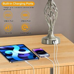 Table Lamp for Bedroom Set of 2 with USB C+A Ports, Brushed Nickel Bedside Lamps with Spiral Cage Base, Fabric Shade, Nightstand Lamp for Living Room Office Reading Bed Side End Table, Bulbs Included