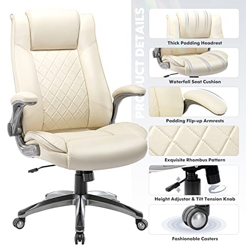 COLAMY Office Chair-Ergonomic Computer Desk Chair with Thick Seat for Comfort, High Back Executive Chair with Padded Flip-up Arms, Stylish Leather Chair with Upgraded Caster for Swivel (Ivory, 300lbs)