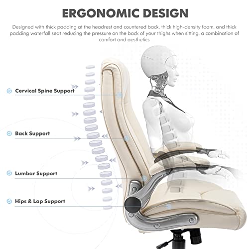 COLAMY Office Chair-Ergonomic Computer Desk Chair with Thick Seat for Comfort, High Back Executive Chair with Padded Flip-up Arms, Stylish Leather Chair with Upgraded Caster for Swivel (Ivory, 300lbs)