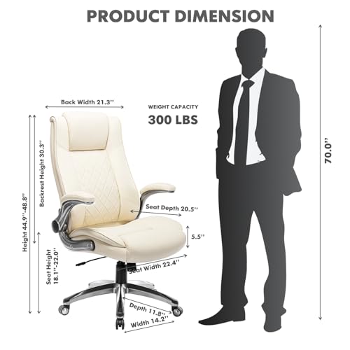 COLAMY Office Chair-Ergonomic Computer Desk Chair with Thick Seat for Comfort, High Back Executive Chair with Padded Flip-up Arms, Stylish Leather Chair with Upgraded Caster for Swivel (Ivory, 300lbs)