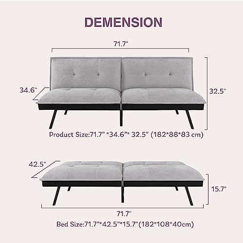 Dyonery Convertible Futon Sofa Bed Memory Foam Futon Couch Sleeper Sofa, Foldable Loveseat for Compact Living Spaces Offices, Metal Legs, Easy Assembly, 71 Inch Futons Little Grey