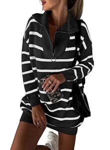 sidefeel women's casual striped sweater dress fall winter 2023 half zip v neck knitted loose mini dress long sleeve pullover jumper sweaters black large