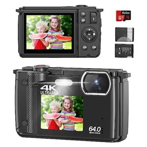 4k 64mp digital camera for photography, compact vlogging camera for youtube with auto focus, selfie screens,32gb sd card,point&shoot camera with wifi 18x zoom,travel video camera for beginners kids