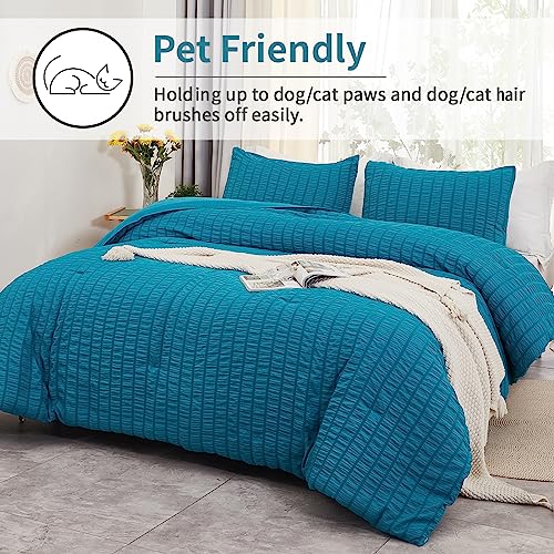 AveLom Teal Seersucker California King Comforter Set (104x96 inches), 3 Pieces-100% Soft Washed Microfiber Lightweight Comforter with 2 Pillowcases, All Season Down Alternative Bedding Set