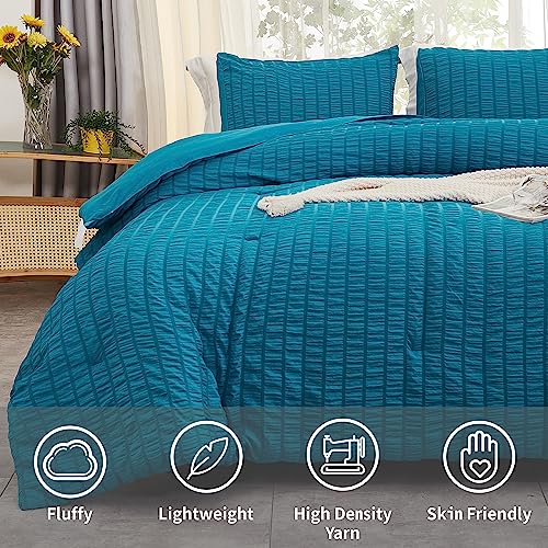 AveLom Teal Seersucker California King Comforter Set (104x96 inches), 3 Pieces-100% Soft Washed Microfiber Lightweight Comforter with 2 Pillowcases, All Season Down Alternative Bedding Set