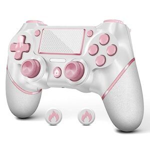 acegamer wireless controller for ps4, custom design v2 gamepad joystick for ps4 with non-slip grip of both sides and 3.5mm audio jack! thumb caps included! (pink-white)