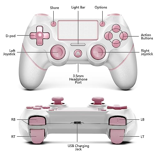 AceGamer Wireless Controller for PS4, Custom Design V2 Gamepad Joystick for PS4 with Non-Slip Grip of Both Sides and 3.5mm Audio Jack! Thumb Caps Included! (Pink-White)