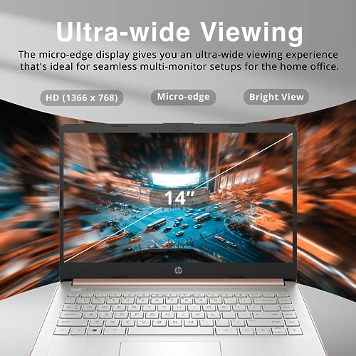 HP 2022 Stream 14" HD BrightView Laptop, Intel Celeron N4120 Processor, 4GB RAM, 64GB SSD, Intel HD Graphics, 720p Webcam, 1 Year Office 365, Rose Gold, Win 11, 32GB Snowbell USB Card