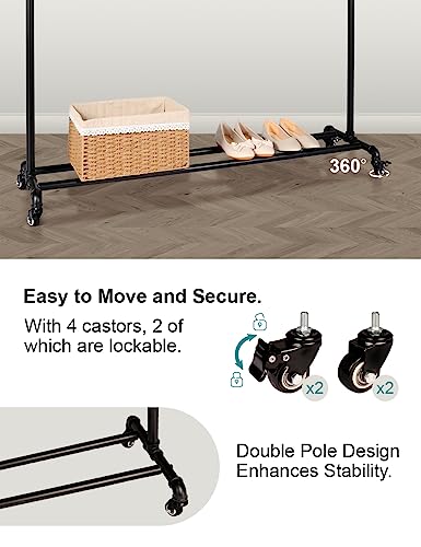 OLDRAINBOW Industrial Pipe Clothing Rack,63in Dress Rack Clothes Rack,Vintage Clothing Racks on Wheels,Retail Rack Mobile Coat Rack Metal Garment Rack(Black)