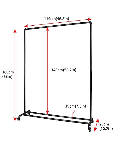 OLDRAINBOW Industrial Pipe Clothing Rack,63in Dress Rack Clothes Rack,Vintage Clothing Racks on Wheels,Retail Rack Mobile Coat Rack Metal Garment Rack(Black)