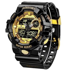 pinidous mens watch for men digital sport watch gold watches waterproof watches with 3 alarms/countdown/stopwatch/digital-analog/dual time/light/military multifunctional wrist watch