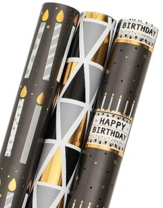 maypluss birthday wrapping paper roll - mini roll - 17 inch x 120 inch per roll -black with gold foil design (42.3 sq.ft.ttl)