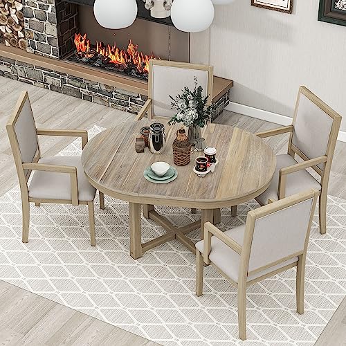 Polibi 5-Piece Dining Table Set, Extendable Leaf Wood Dining Table Round to Oval and 4 Upholstered Dining Chairs with Armrests for Kitchen, Dining Room (Natural Wood Wash)