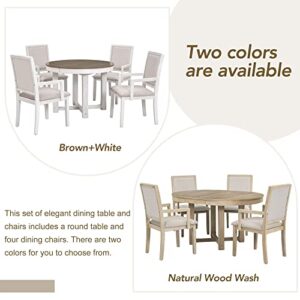 Polibi 5-Piece Dining Table Set, Extendable Leaf Wood Dining Table Round to Oval and 4 Upholstered Dining Chairs with Armrests for Kitchen, Dining Room (Natural Wood Wash)