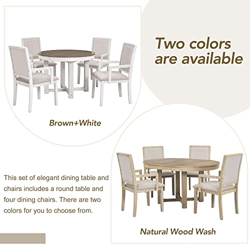 Polibi 5-Piece Dining Table Set, Extendable Leaf Wood Dining Table Round to Oval and 4 Upholstered Dining Chairs with Armrests for Kitchen, Dining Room (Natural Wood Wash)