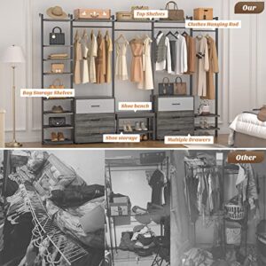 Aheaplus Clothing Rack Heavy Duty Closet Organizer for Hanging Clothes, Large Wall Mounted Garment Rack Clothes Rack with 6-Drawers for Wardrobe, Bedroom and as Walk-in Closet System, Grey Oak+Black