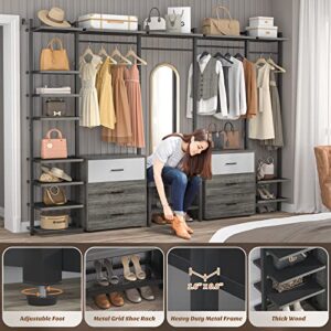 Aheaplus Clothing Rack Heavy Duty Closet Organizer for Hanging Clothes, Large Wall Mounted Garment Rack Clothes Rack with 6-Drawers for Wardrobe, Bedroom and as Walk-in Closet System, Grey Oak+Black