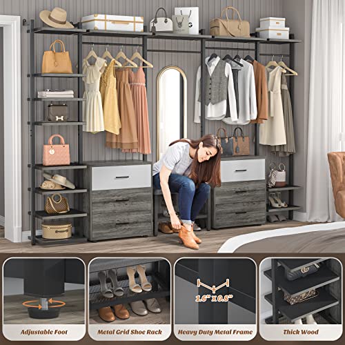 Aheaplus Clothing Rack Heavy Duty Closet Organizer for Hanging Clothes, Large Wall Mounted Garment Rack Clothes Rack with 6-Drawers for Wardrobe, Bedroom and as Walk-in Closet System, Grey Oak+Black