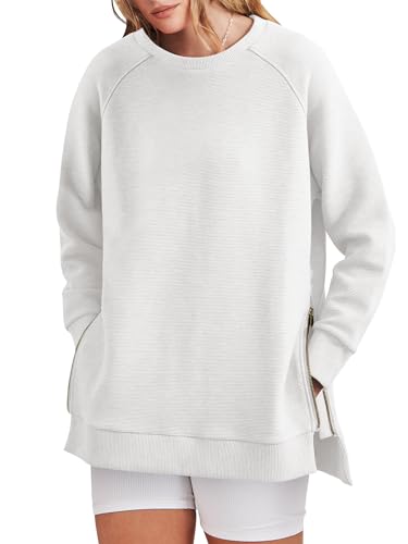 ANRABESS Women's Oversized Sweatshirts Long Sleeve Tunic Tops Crew Neck Soft Pullover With Side Zipper Shirt Trendy Clothes 2023 A1073-baise-L White