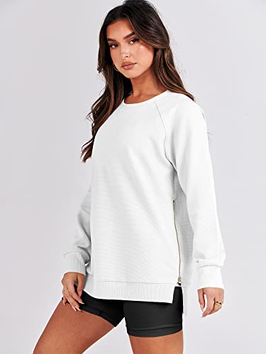 ANRABESS Women's Oversized Sweatshirts Long Sleeve Tunic Tops Crew Neck Soft Pullover With Side Zipper Shirt Trendy Clothes 2023 A1073-baise-L White