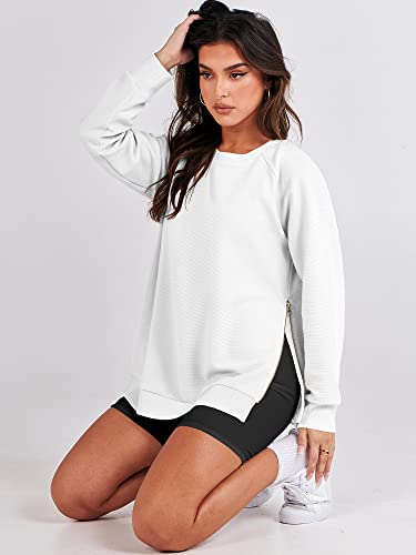 ANRABESS Women's Oversized Sweatshirts Long Sleeve Tunic Tops Crew Neck Soft Pullover With Side Zipper Shirt Trendy Clothes 2023 A1073-baise-L White