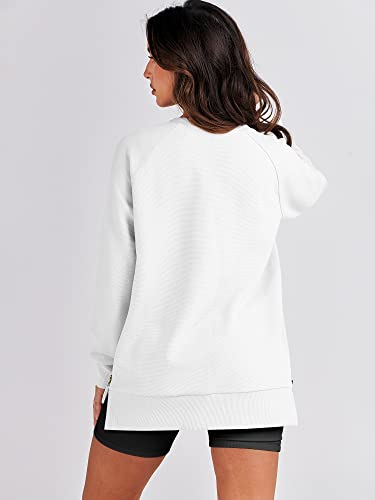 ANRABESS Women's Oversized Sweatshirts Long Sleeve Tunic Tops Crew Neck Soft Pullover With Side Zipper Shirt Trendy Clothes 2023 A1073-baise-L White