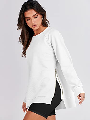 ANRABESS Women's Oversized Sweatshirts Long Sleeve Tunic Tops Crew Neck Soft Pullover With Side Zipper Shirt Trendy Clothes 2023 A1073-baise-L White