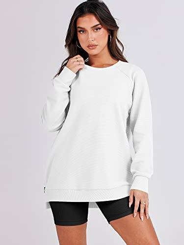 ANRABESS Women's Oversized Sweatshirts Long Sleeve Tunic Tops Crew Neck Soft Pullover With Side Zipper Shirt Trendy Clothes 2023 A1073-baise-L White