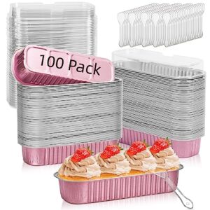 ruckae 100 pack mini loaf pan mini loaf baking pans with lids and spoons,disposable aluminum foil pans, rectangle tin foil pans with lids for home, pary, picnics (pink)