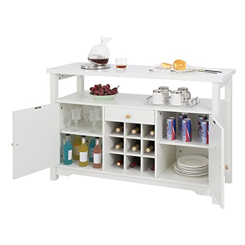 VEVOR 47 Inch Industrial Bar Cabinet, Wine Table for Liquor & Glasses, Sideboard Buffet Cabinet with Wine Rack, Freestanding Farmhouse Wood Coffee Bar Cabinet for Living Room, Home Bar, Kitchen White