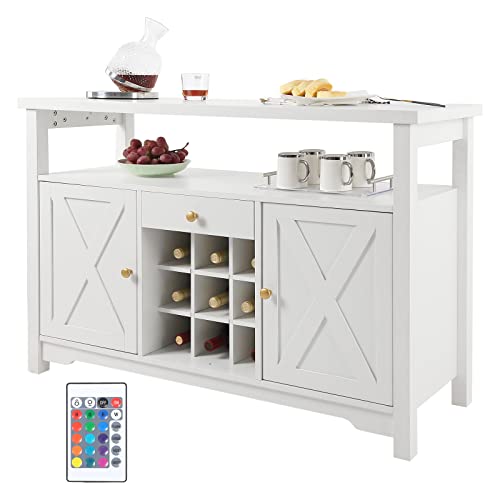 VEVOR 47 Inch Industrial Bar Cabinet, Wine Table for Liquor & Glasses, Sideboard Buffet Cabinet with Wine Rack, Freestanding Farmhouse Wood Coffee Bar Cabinet for Living Room, Home Bar, Kitchen White