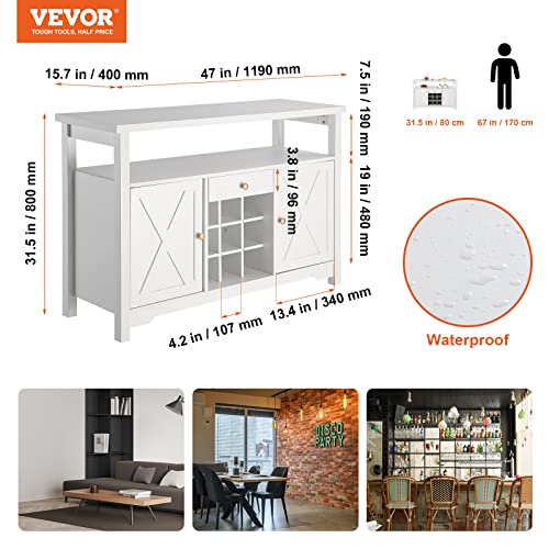 VEVOR 47 Inch Industrial Bar Cabinet, Wine Table for Liquor & Glasses, Sideboard Buffet Cabinet with Wine Rack, Freestanding Farmhouse Wood Coffee Bar Cabinet for Living Room, Home Bar, Kitchen White