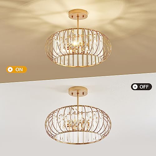 VIOLOEMI Modern Gold Close to Ceiling Light Fixtures, Crystal Semi Flush Mount Ceiling Light, Metal 3-Light Ceiling Lamp for Hallway Bedroom Living Room Dining Room(Bulb Not Include)