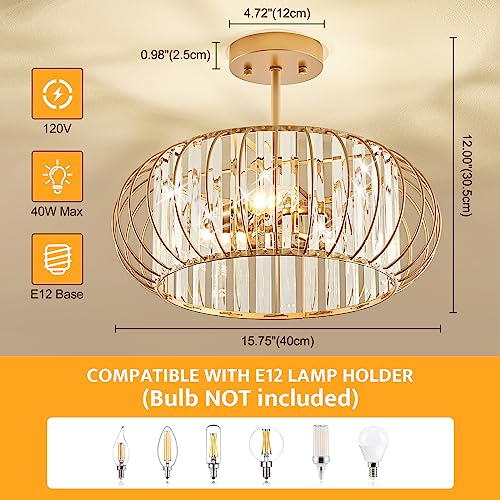 VIOLOEMI Modern Gold Close to Ceiling Light Fixtures, Crystal Semi Flush Mount Ceiling Light, Metal 3-Light Ceiling Lamp for Hallway Bedroom Living Room Dining Room(Bulb Not Include)