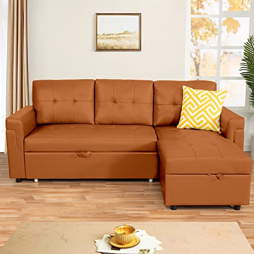 Perry Modern Sectional Sleeper Sofa with Pull Out Bed, Reversible Sleeper Sectional Sofa Bed, Best Sleeper Sofa Couch with 168L Storage, L-Shape Pull Out Couch Bed Sleeper Sofa - Caramel,Air Leather