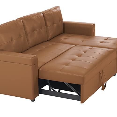 Perry Modern Sectional Sleeper Sofa with Pull Out Bed, Reversible Sleeper Sectional Sofa Bed, Best Sleeper Sofa Couch with 168L Storage, L-Shape Pull Out Couch Bed Sleeper Sofa - Caramel,Air Leather