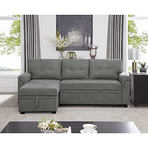 Perry Modern Sectional Sleeper Sofa with Pull Out Bed, Reversible Sleeper Sectional Sofa Bed, Best Sleeper Sofa Couch with 168L Storage, L-Shape Pull Out Couch Bed Sleeper Sofa - Gray,Velvet