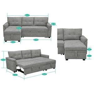 Perry Modern Sectional Sleeper Sofa with Pull Out Bed, Reversible Sleeper Sectional Sofa Bed, Best Sleeper Sofa Couch with 168L Storage, L-Shape Pull Out Couch Bed Sleeper Sofa - Gray,Velvet