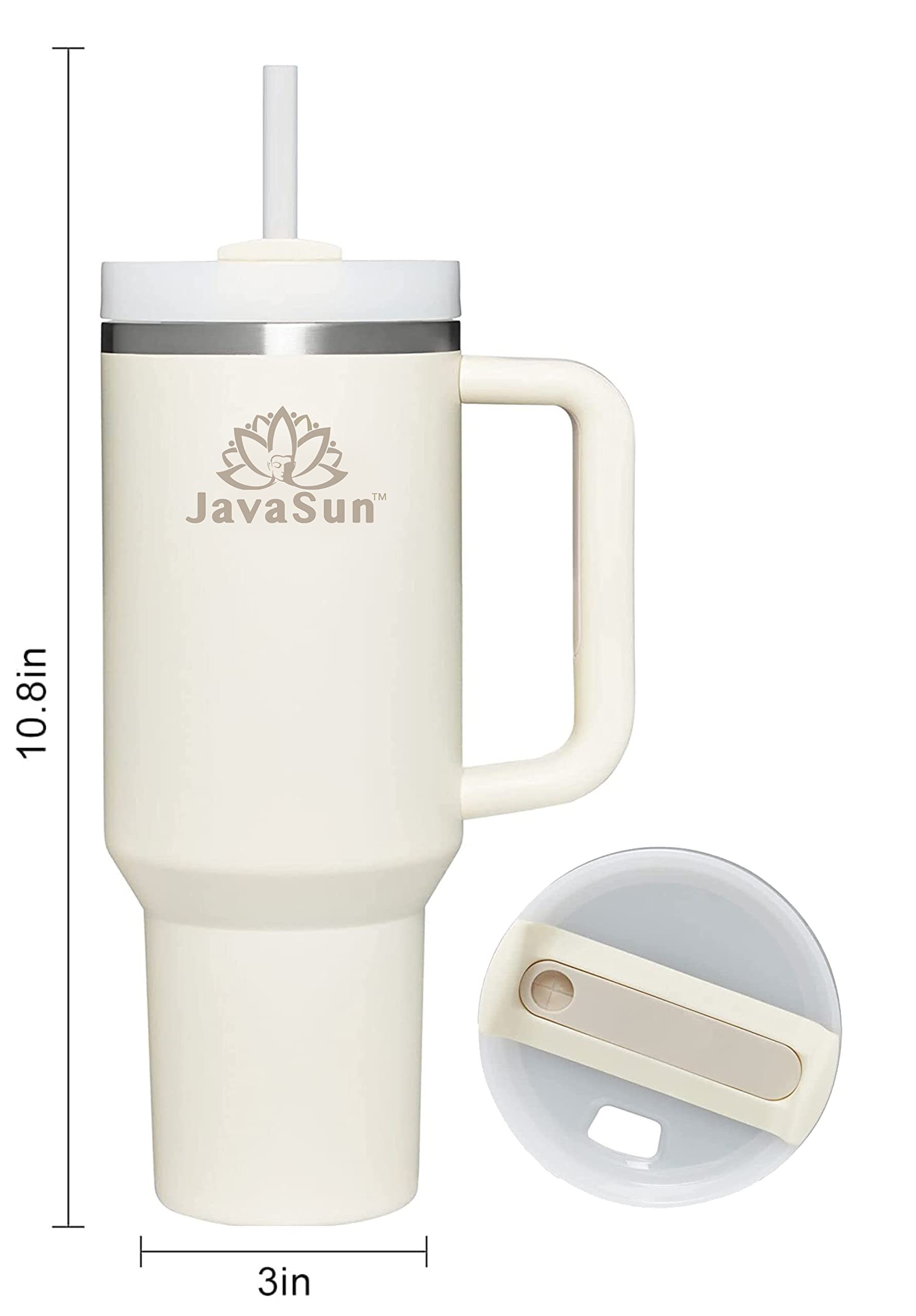 JavaSun 40 oz Tumbler with Handle and Straw Lid, Quencher H2.0 Flow, Stainless Steel Insulated Tumbler Water Bottles, Travel Mug for Hot and Cold for Water, Iced Tea or Coffee (Light Cream)